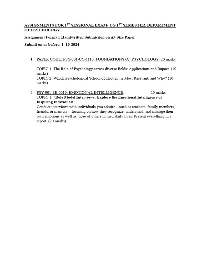 Assignments For 1st Sessional Exam Ug Psychology | PDF