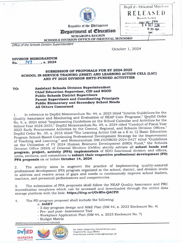 DM147 Submission of Proposals For SY 2024 2025 School in Service ...