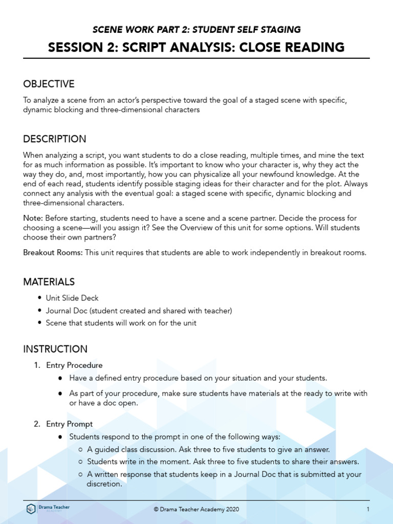 Lesson Plan - Session 2 Script Analysis - Close Reading | PDF