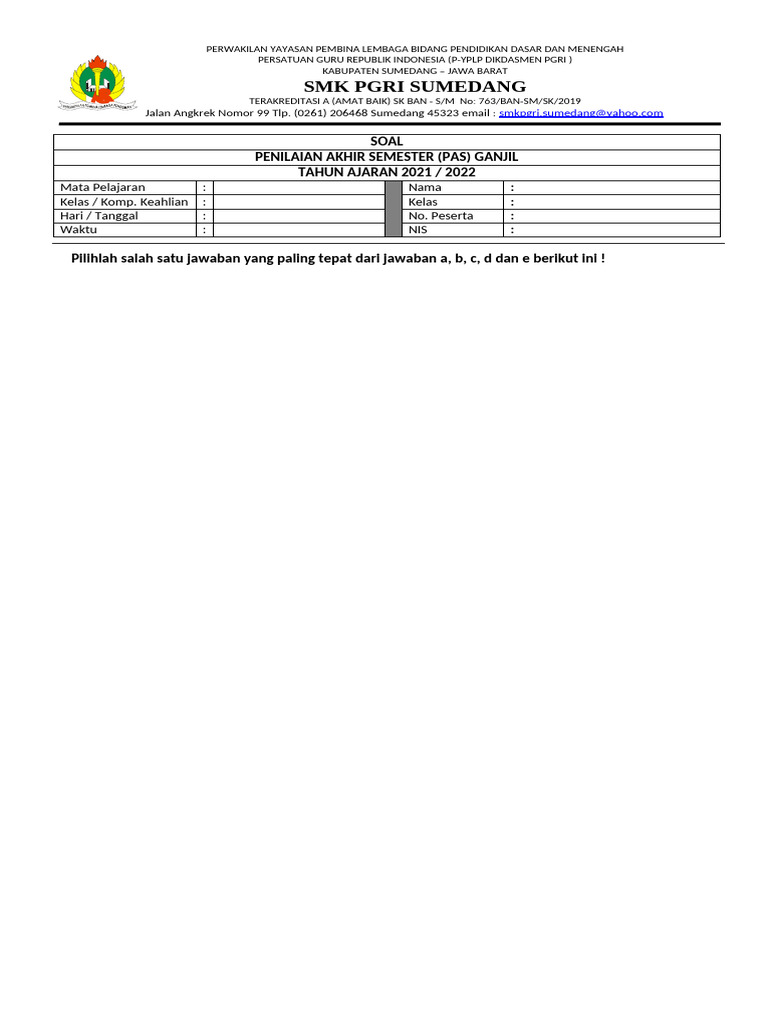 Kop Soal Pas Ganjil 2021-2022 | PDF