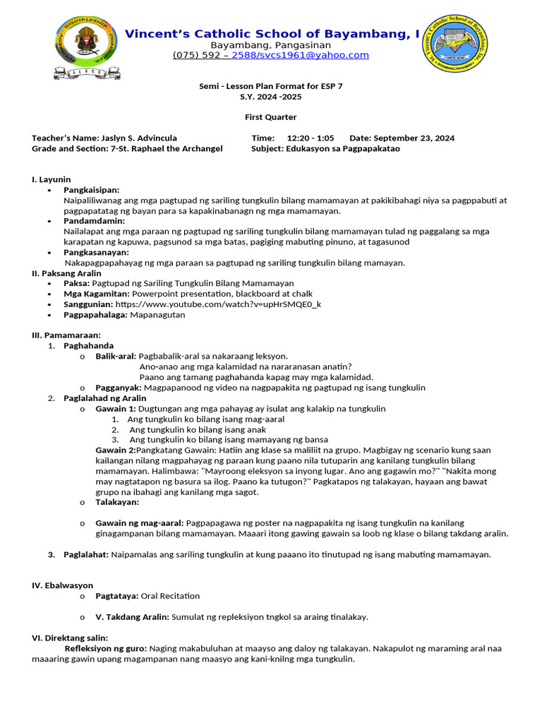 Semi-Lesson Plan for ESP 7: Duties of Citizens | PDF | Career & Growth