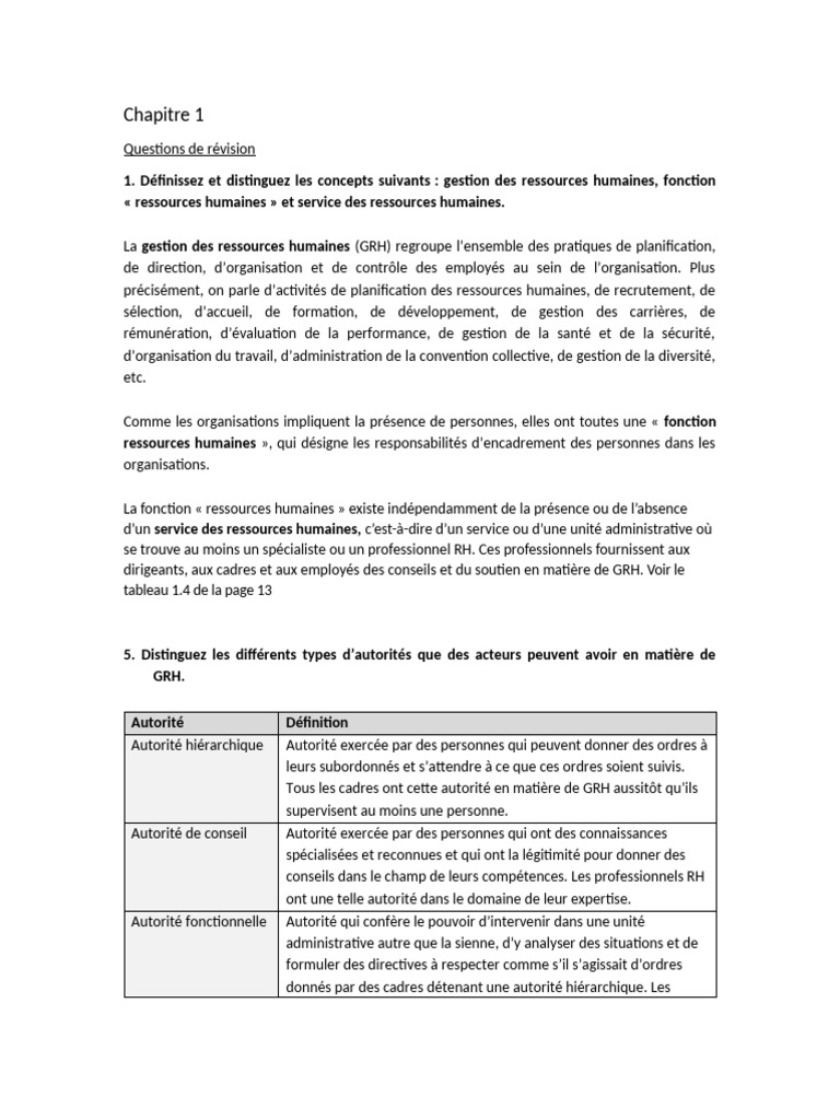 ORH1600 Chapitre 1 questions et réponses (2) | PDF
