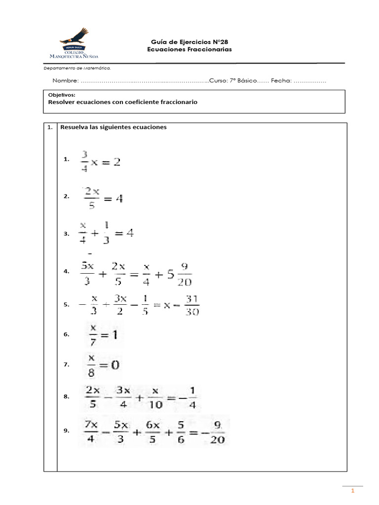 Guía N°28 Ecuaciones Fraccionarias | PDF