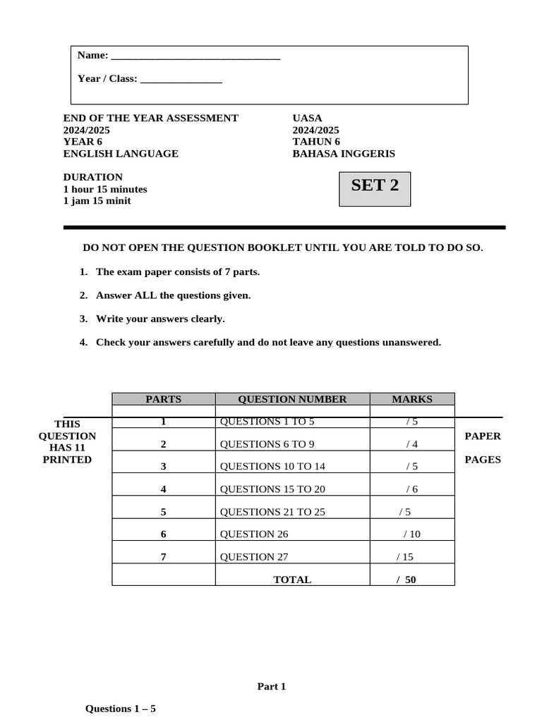 Uasa 2024 English Year 6 Set 2 | PDF