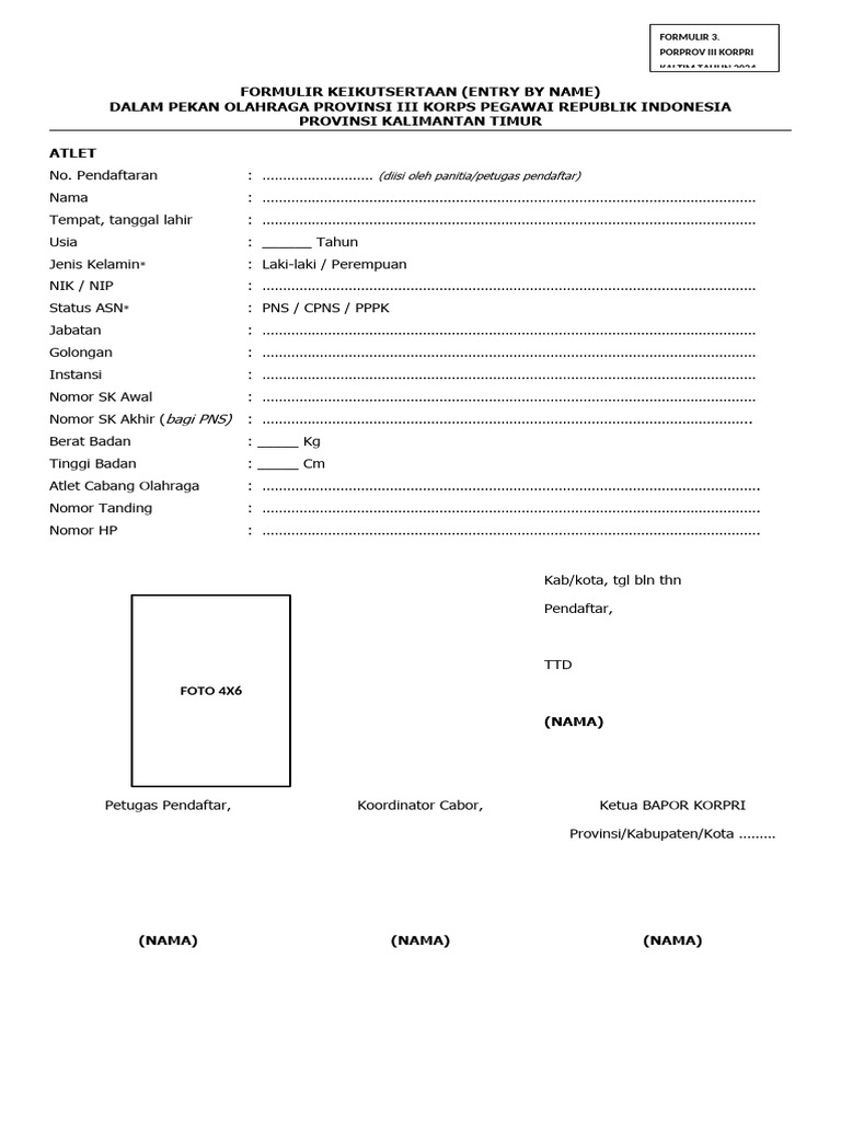 FORMULIR KEIKUTSERTAAN (By Name) PORPROV III KORPRI 2024 | PDF