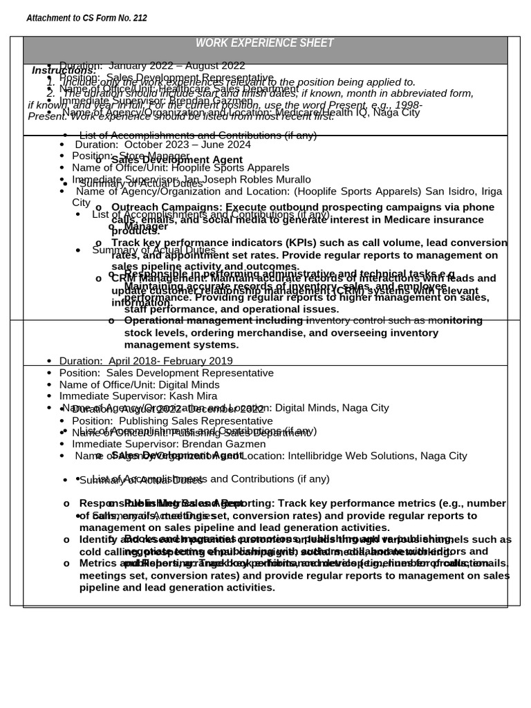 CS Form No. 212 Attachment - Work Experience Sheet | PDF | Business ...