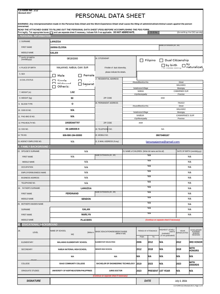 CS Form No. 212 Personal Data Sheet Revised | PDF