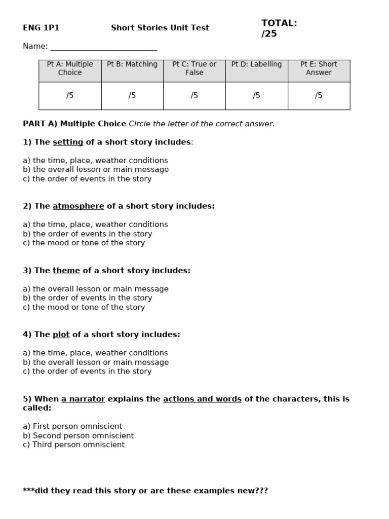 Short Stories Test 1P1 | PDF