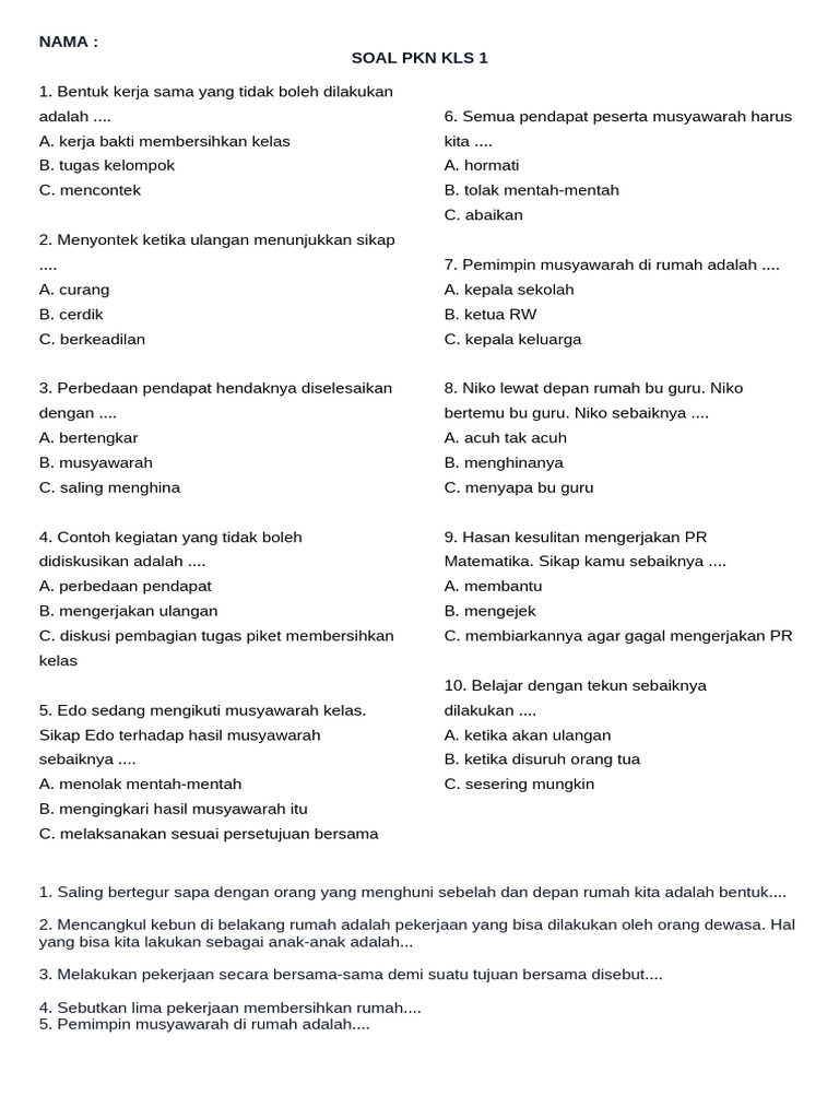 Soal PKN Kls 1 | PDF