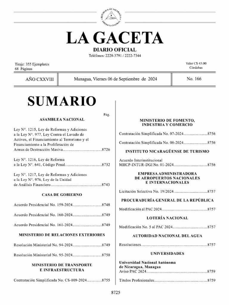 Ley No. 1216 Ley de Reforma A La Ley No. 641 Cdigo Penal | PDF | Robo ...