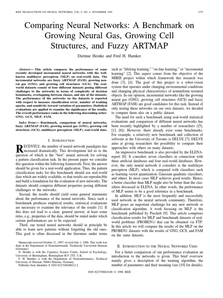 Dietmar Heinke and Fred H. Hamker - Comparing Neural Networks: A Benchmark On Growing Neural Gas ...
