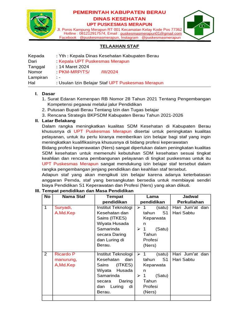 Telaah Staf Izin Belajar PTT Dan P3K PKM | PDF