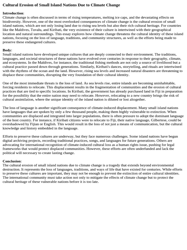 Cultural Erosion of Small Island Nations Due To Climate Change | PDF