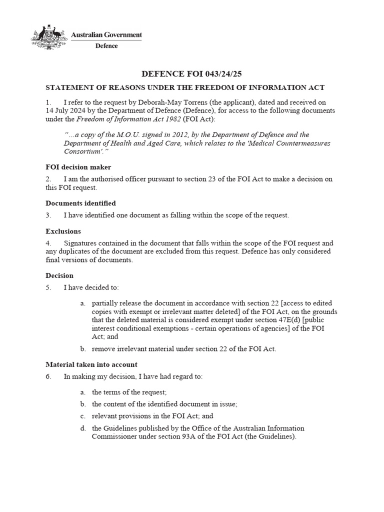 Defence FOI 043 24 25 Statement of Reasons | PDF