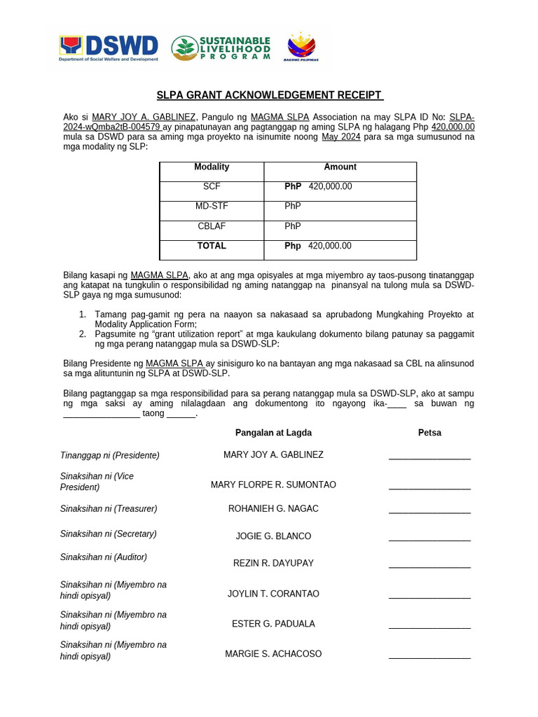Annex 43 REG. SLPA Grant Acknowledgement Receipt | PDF