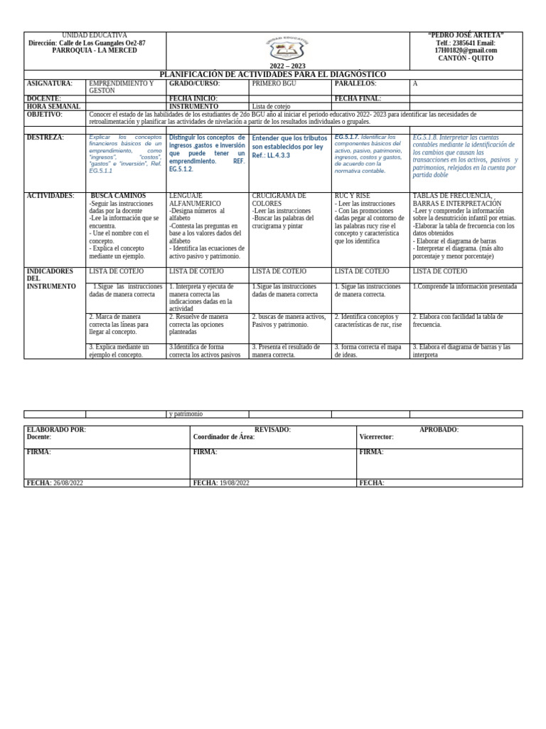 1ro Bgu Formato Diagnostico | PDF