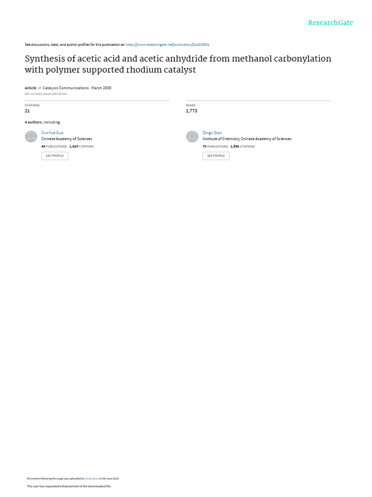 Synthesis of Acetic Acid and Acetic Anhydride From Methanol ...