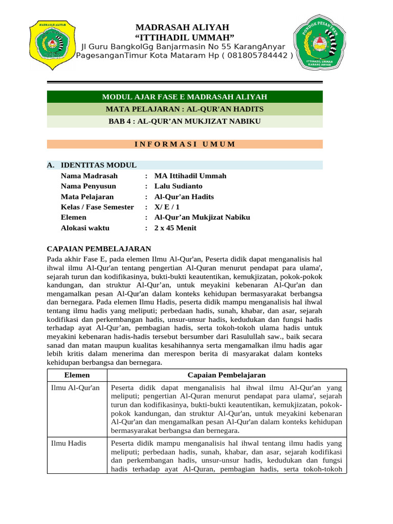 Modul Qurdis 10 Bab 4 - Al-Qur'an Mukjizat Nabiku | PDF | Abrahamic Religions | Quran