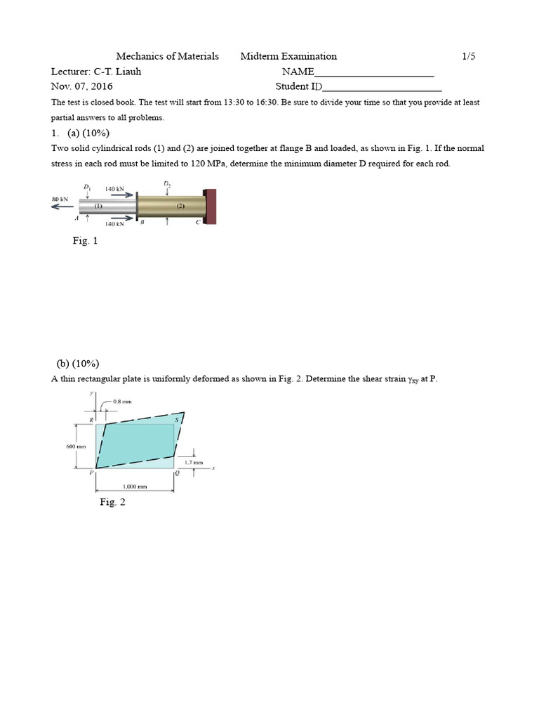 Mechanics of Materials Midterm Exam | PDF | Strength Of Materials | Technology & Engineering