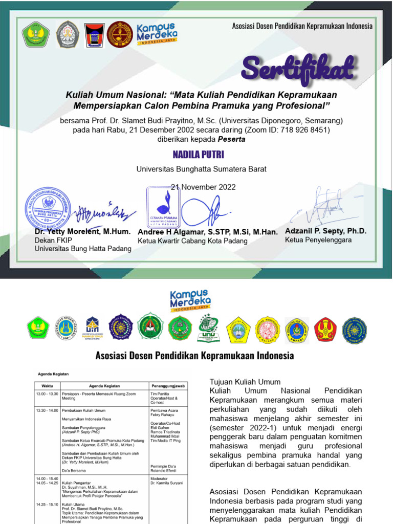 Sertifikat Kuliah Umum Kepramukaan a.n. NADILA PUTRI | PDF