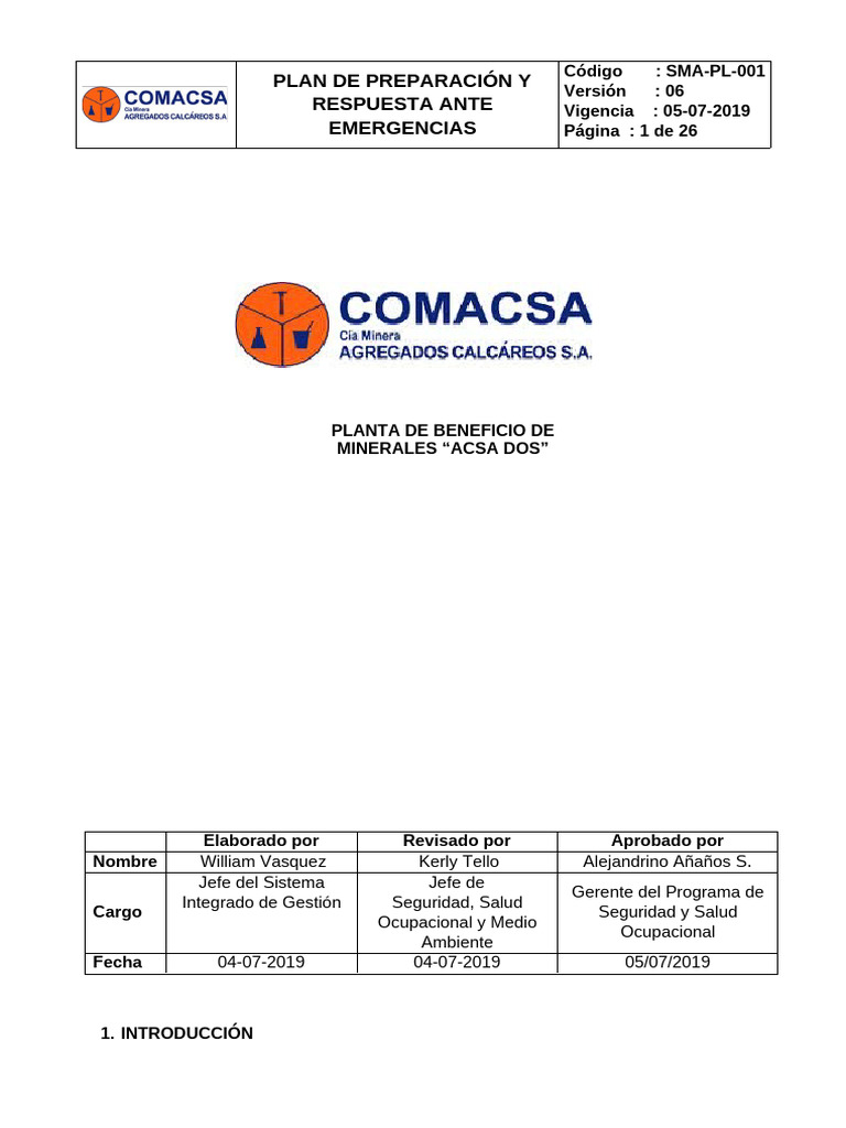 SMA-PL-001 Plan de Emergencia ACSA DOS Modif Julio | PDF