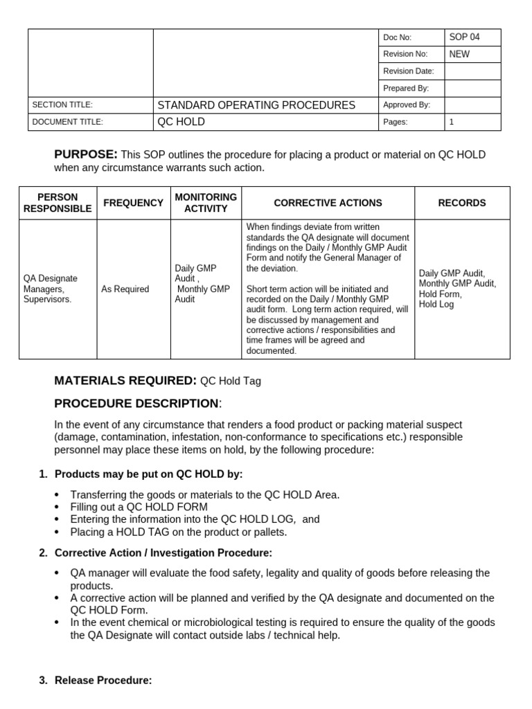 Sop QC Hold | PDF