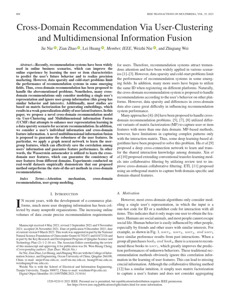 Cross-Domain Recommendation Via User-Clustering and Multidimensional Information Fusion | PDF