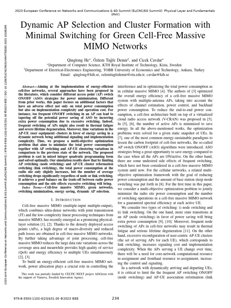 Dynamic AP Selection and Cluster Formation With Minimal Switching For Green Cell-Free Massive ...