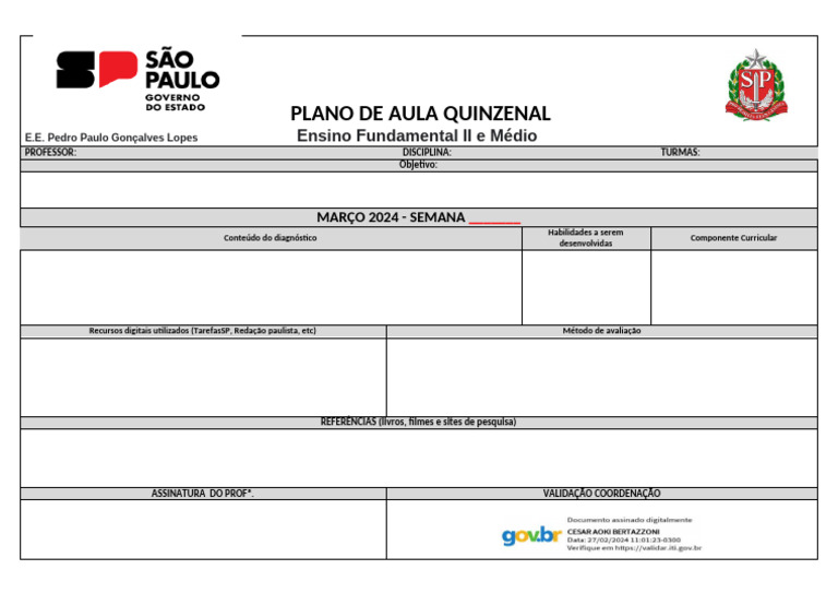 Modelo Plano de Aula Quinzenal | PDF