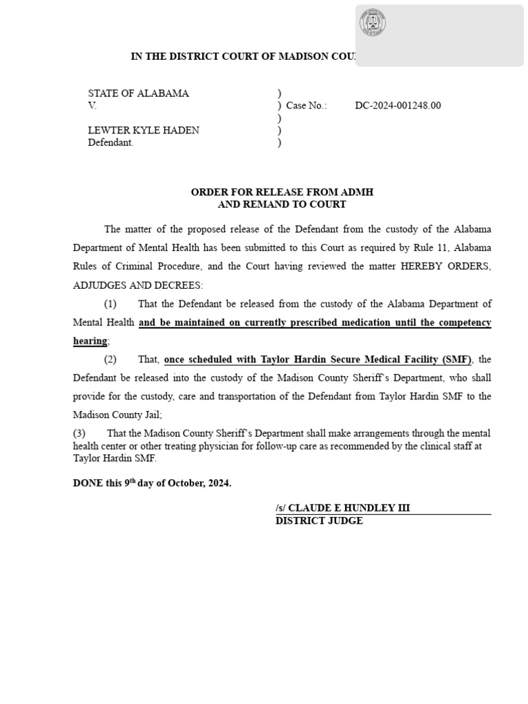 Kyle Lewter Order - Return To Madison County Jail | PDF | Law