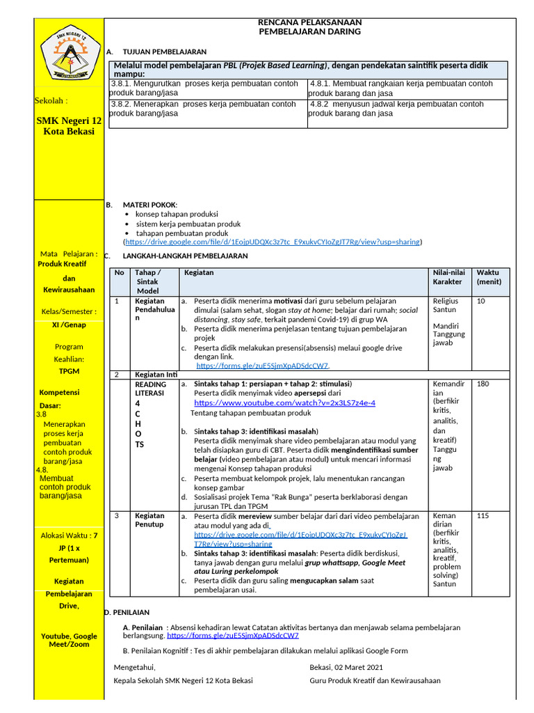 RPP - PKK - 3 - 8 Menerapkan Proses Kerja Pembuatan Contoh Produk Barangjasa | PDF
