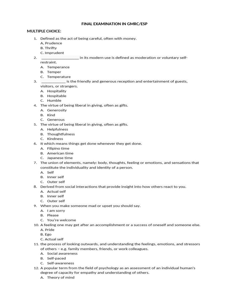 Multiple Choice:: Final Examination in Gmrc/Esp | PDF