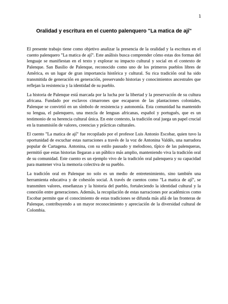Oralidad y Escritura en El Cuento Palenquero | PDF
