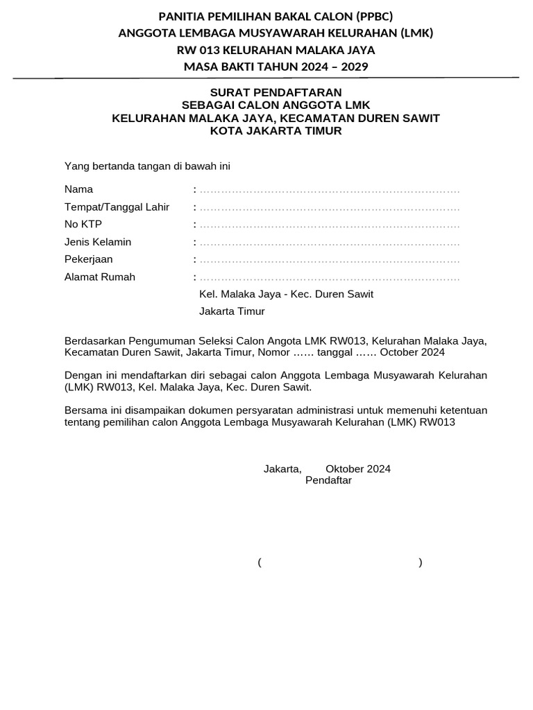 Form Pendaftaran LMK | PDF