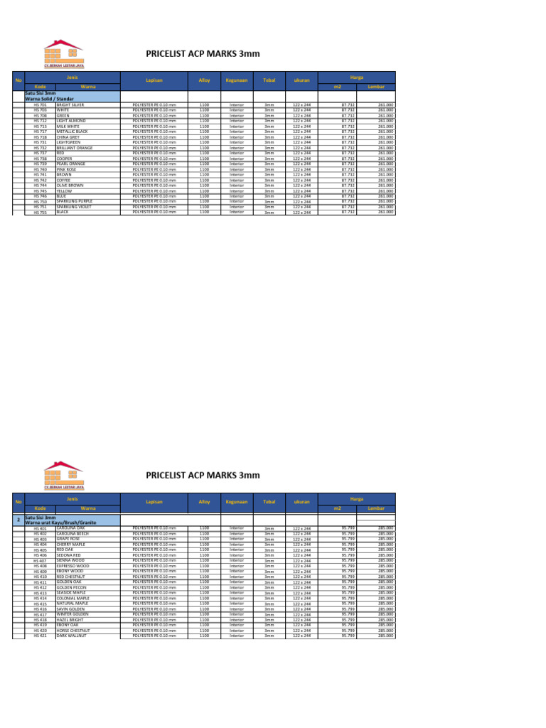 Price List Acp Marks 3mm | PDF