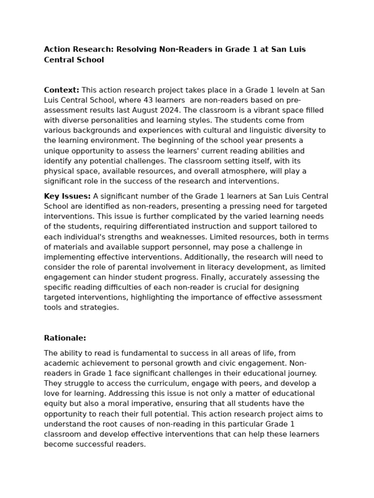 The Impact of Early Literacy Development To Grade 1 Non-Readers at SLCS ...