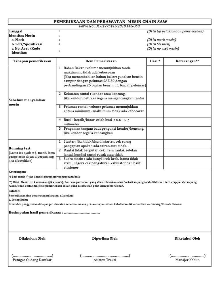 Form........ Pemeriksaan Dan Perawatan Chainsaw R2 | PDF