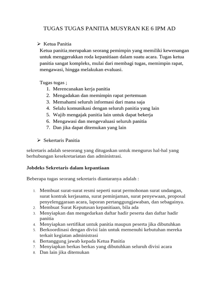 Tugas Tugas Panitia Musyran Ke 6 Ipm Ad | PDF