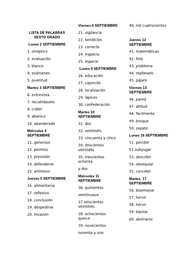LISTA DE PALABRAS SEPTIEMBRE | PDF