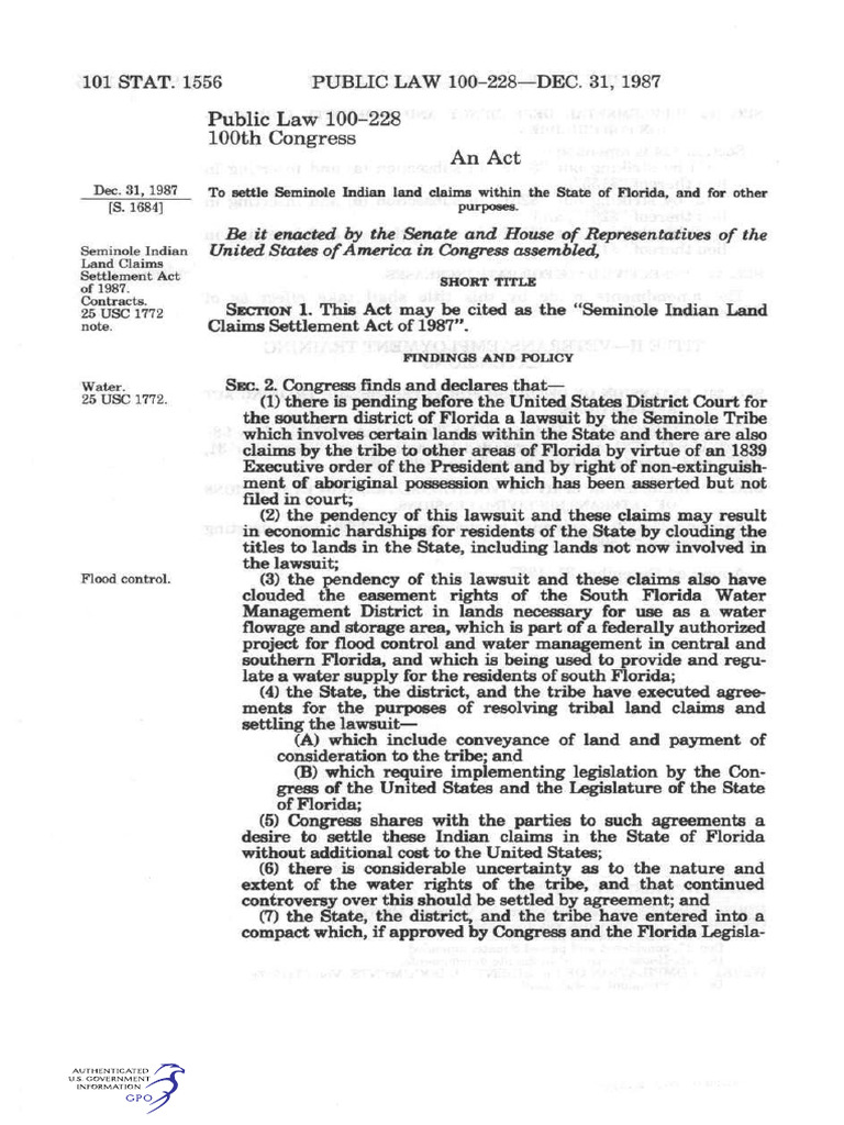 1987 - Seminole Indian Land Claims Settlement | PDF