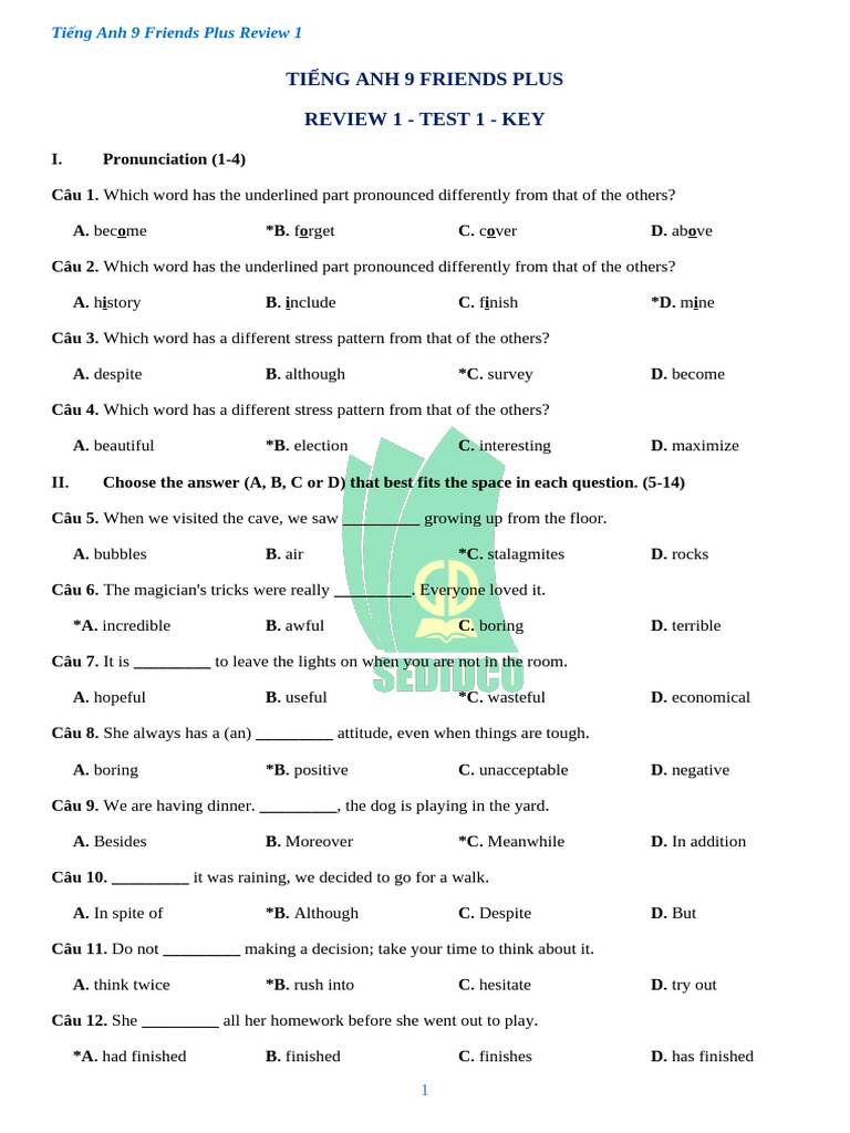 Tiếng Anh 9 Friends Plus - review 1 - test 1 - key | PDF