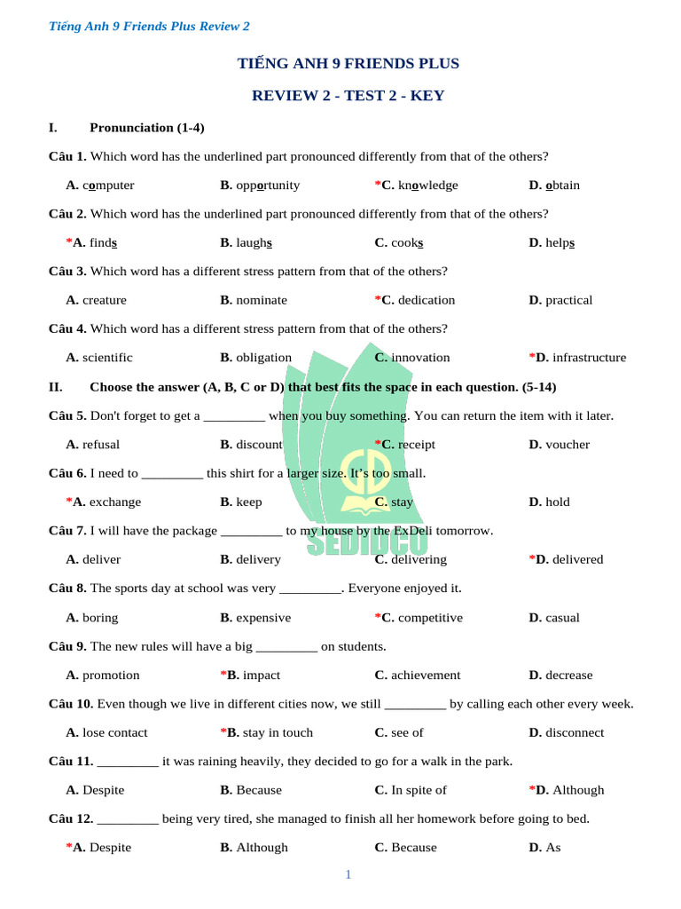 TIẾNG ANH 9 FRIENDS PLUS - REVIEW 2 - TEST 2 KEY | PDF