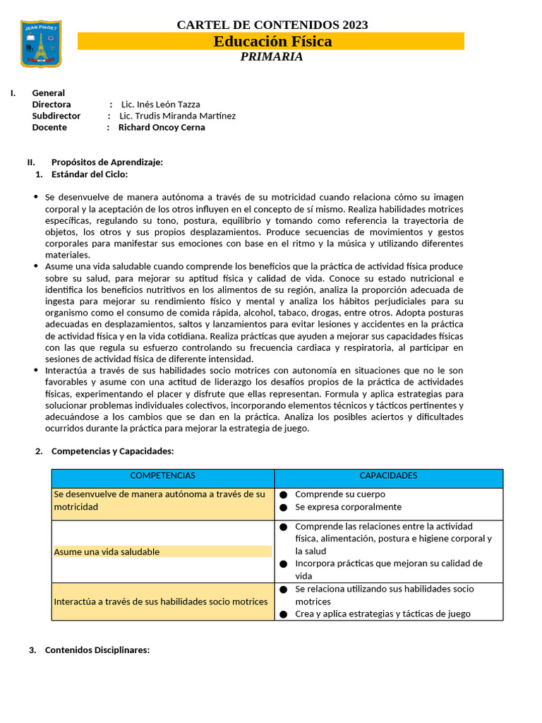 Cartel de Contenidos 2024 - Primaria-Educacion Fisica Richard Oncoy | PDF