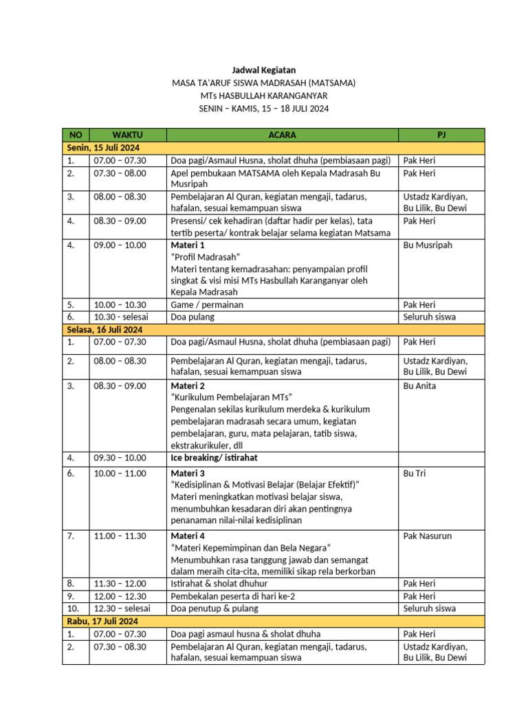 Jadwal Kegiatan MATSAMA MTs | PDF