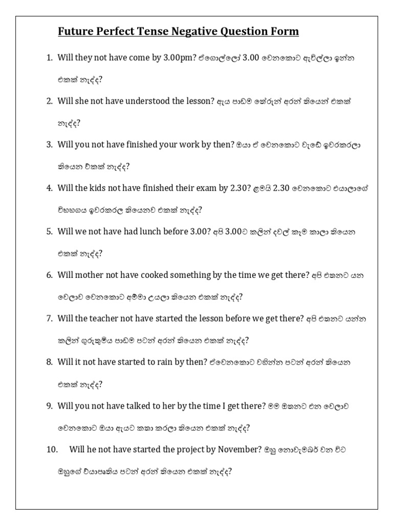 Future Perfect Tense Question Form | PDF