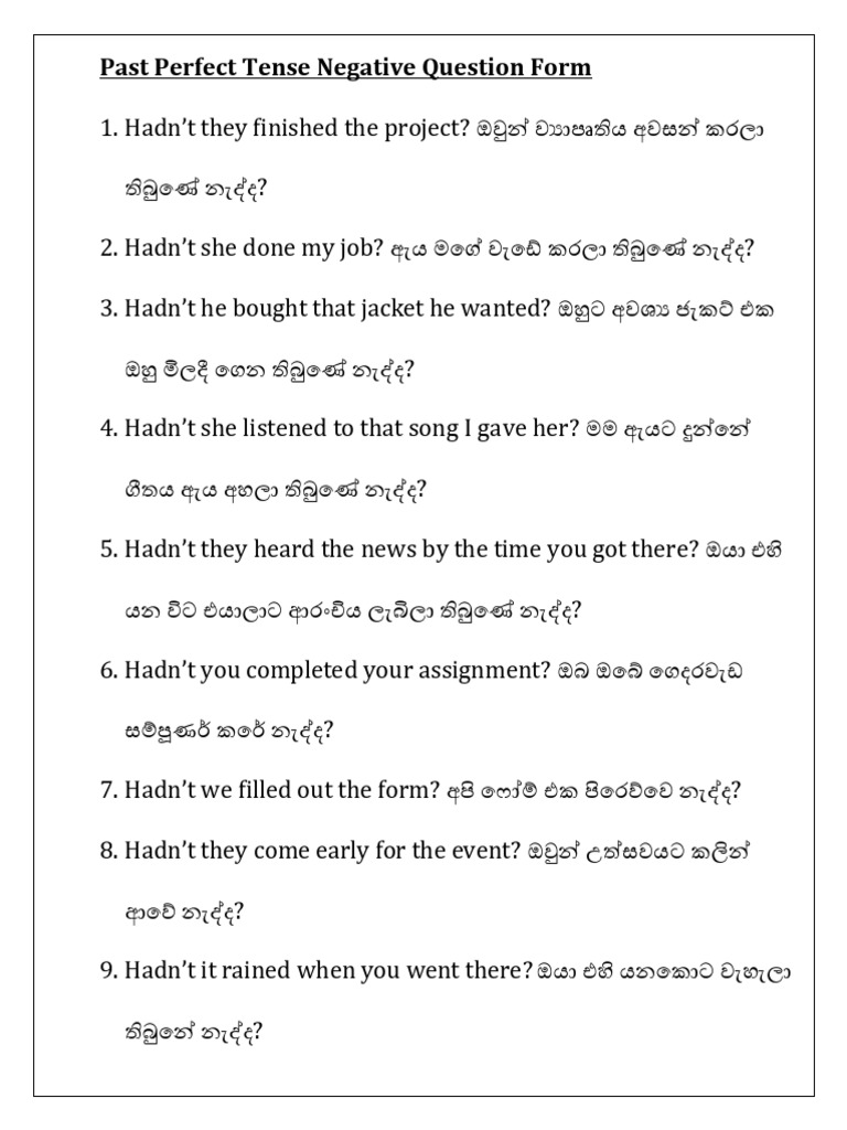 Past Perfect Question Negative | PDF