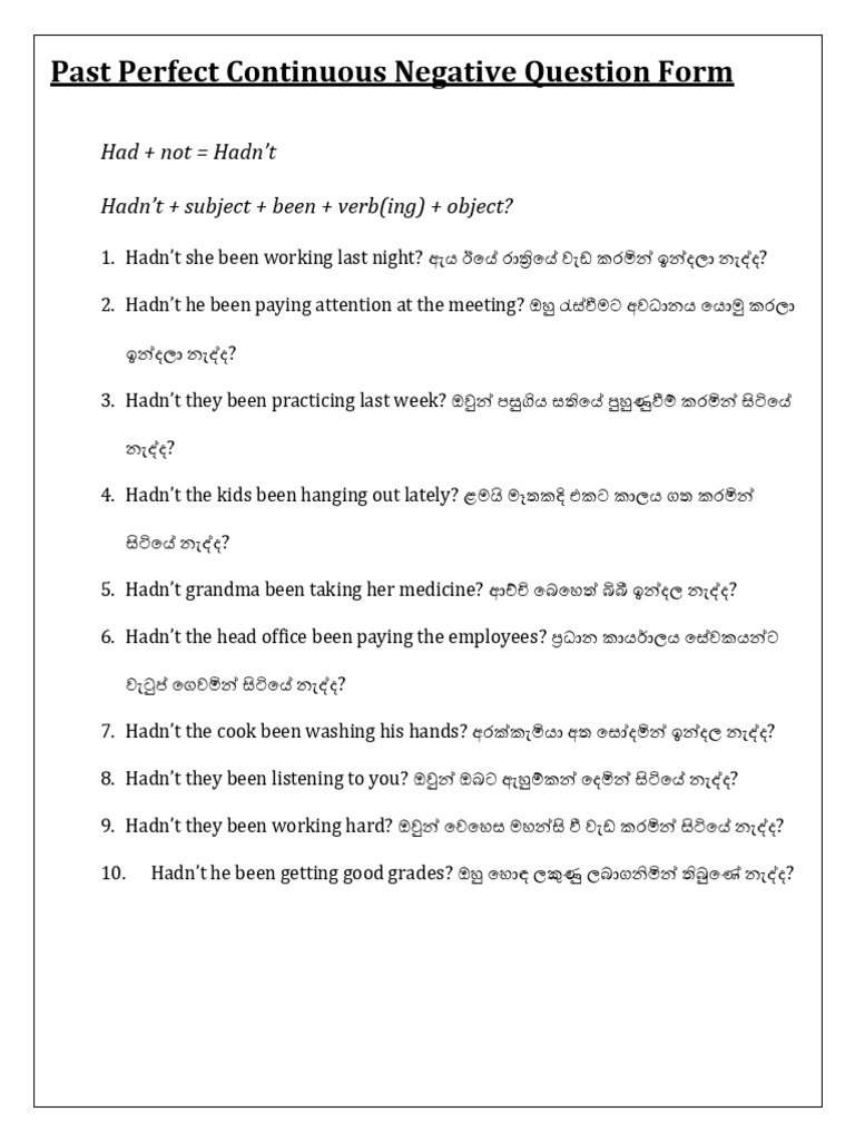 Past Perfect Continuous Negative Question Form | PDF