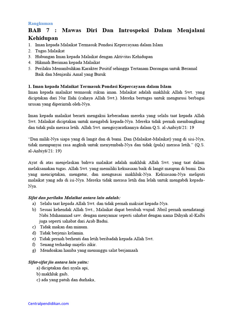 Rangkuman PAI Kelas 7 Bab 7 Mawas Diri Dan Introspeksi Dalam Menjalani ...