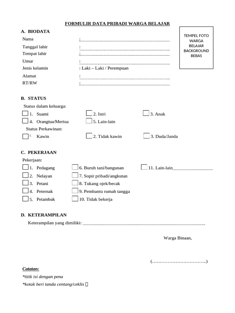 Formulir Data Pribadi WB-MK PBK | PDF