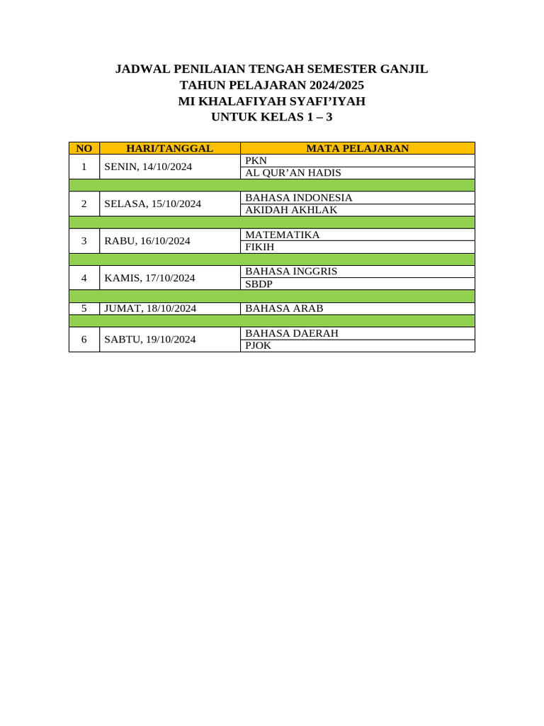 Jadwal Penilaian Tengah Semester Ganjil | PDF